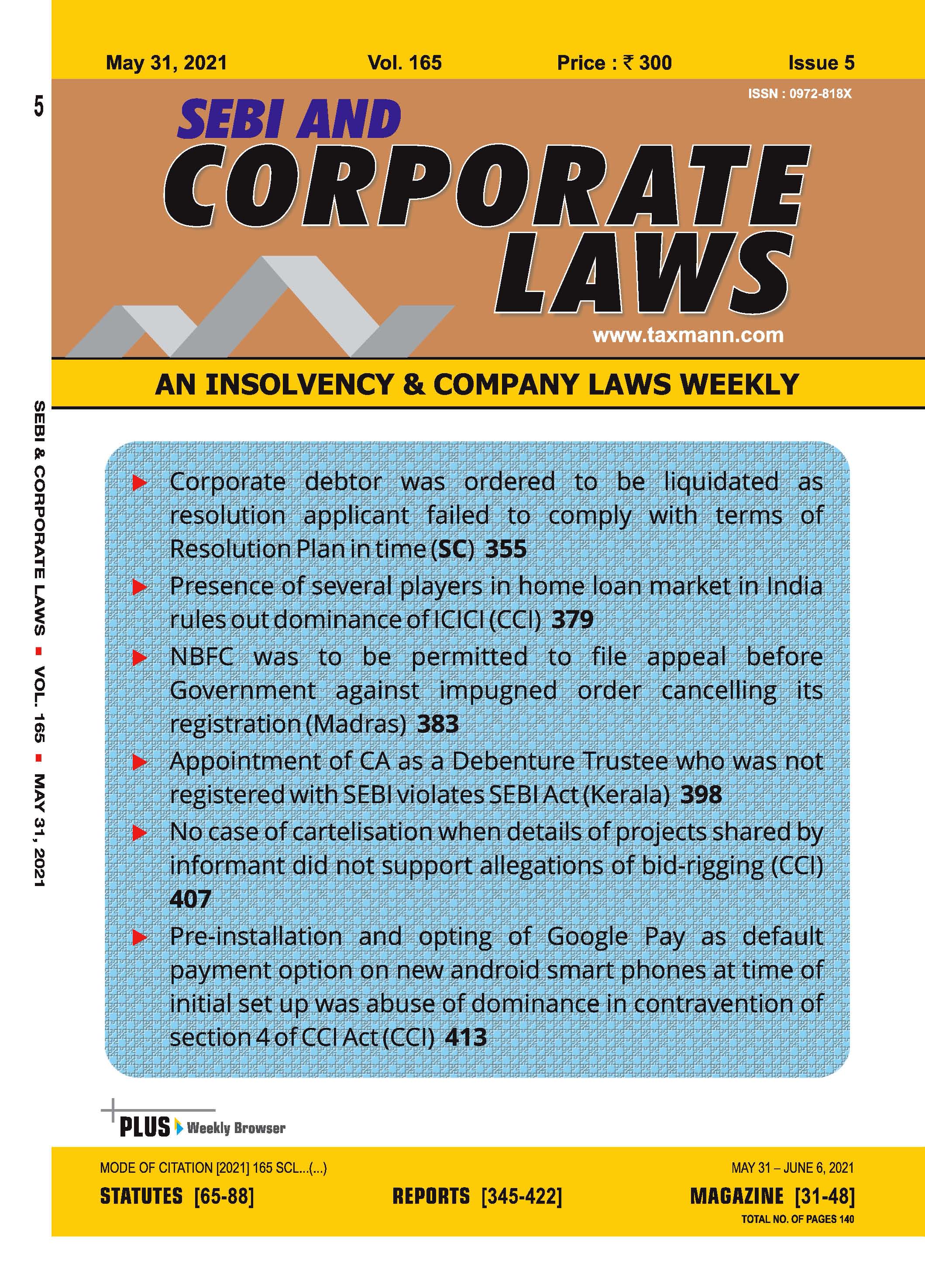 Sebi and Corporate Laws - May 31 - 6 June 2021- Volume 165