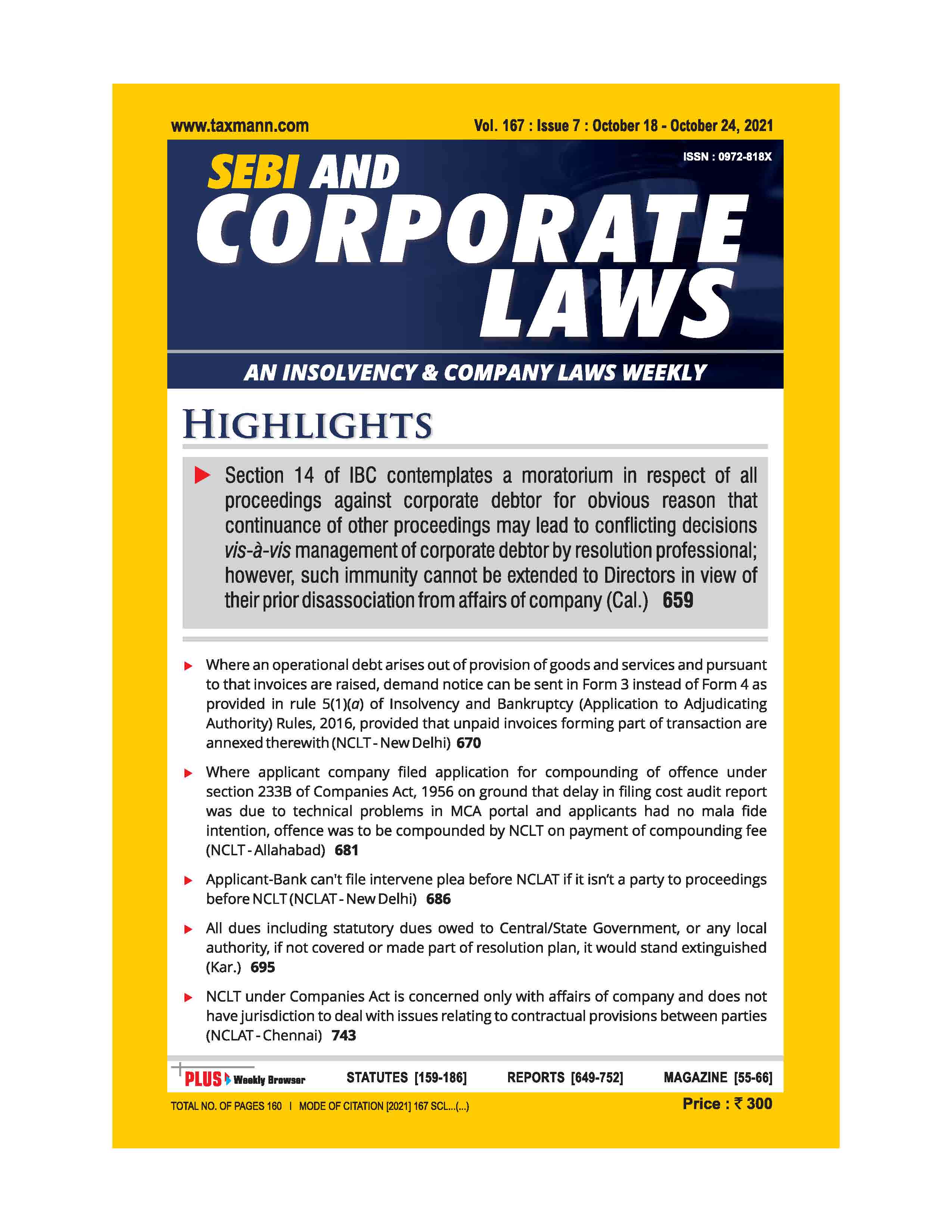 Sebi and Corporate Laws - October, 18 - 24 2021- Volume 167